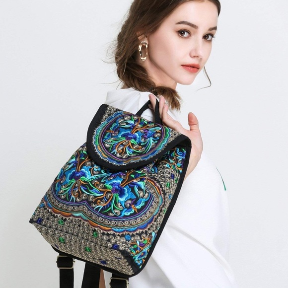 Bags | Vintage Embroidery Blue Ethnic Backpack Mochila | Poshmark